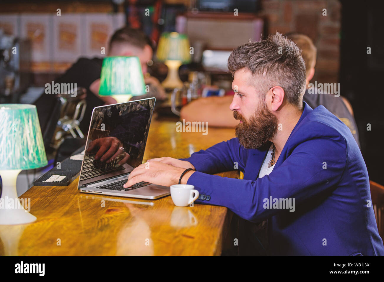 Coffee break concept. Man bearded businessman sit bar counter with ...