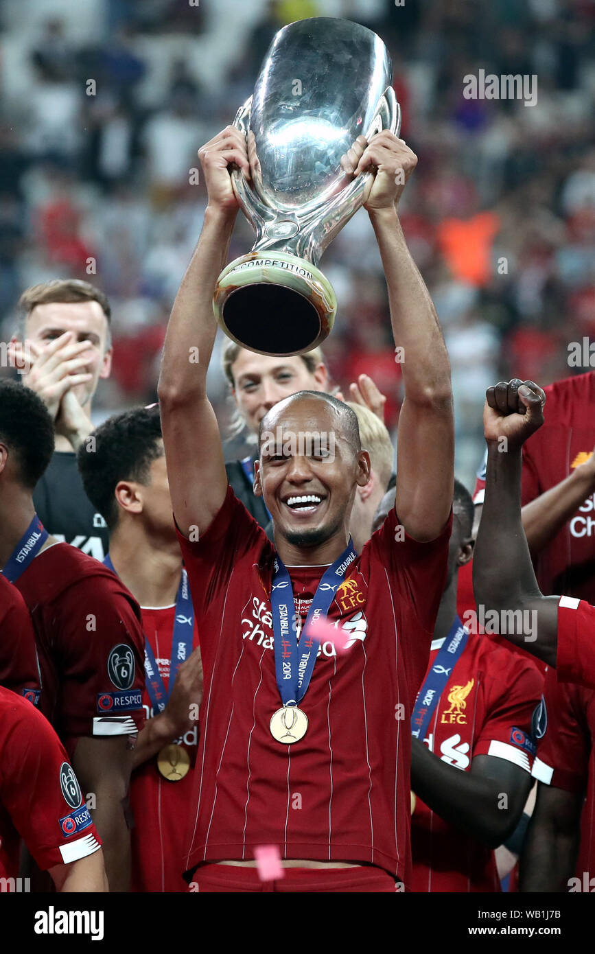 Liverpool s Fabinho lifts The Super Cup trophy during the UEFA Super Cup Final at Besiktas Park Istanbul Stock Photo Alamy