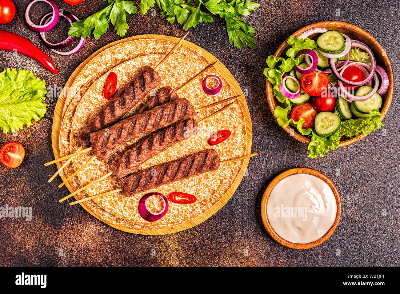 Traditional middle eastern, arabic or mediterranean meat kebab with ...