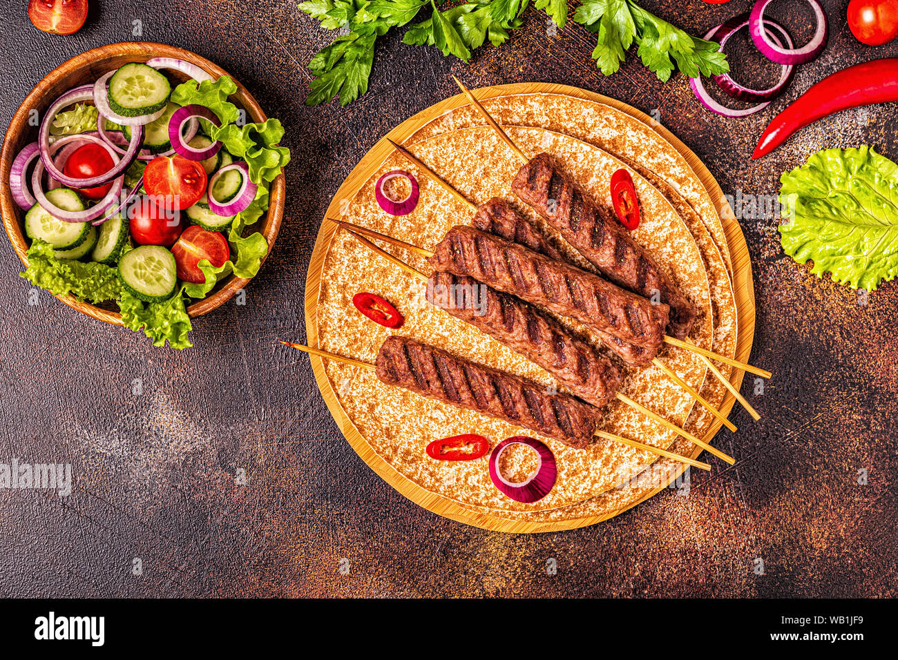Traditional middle eastern, arabic or mediterranean meat kebab with ...