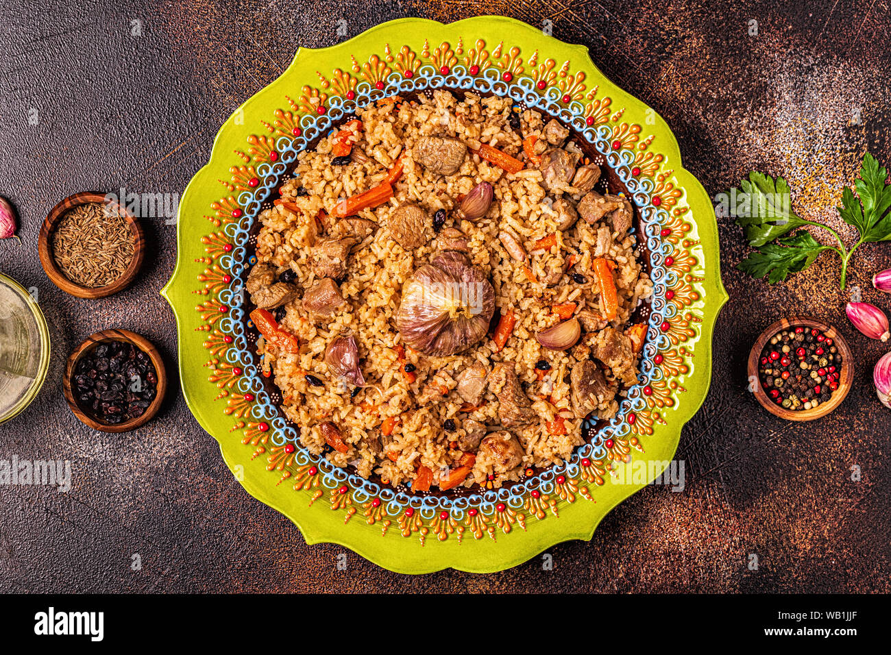 Pilaf with meat, vegetables and spices, top view Stock Photo - Alamy