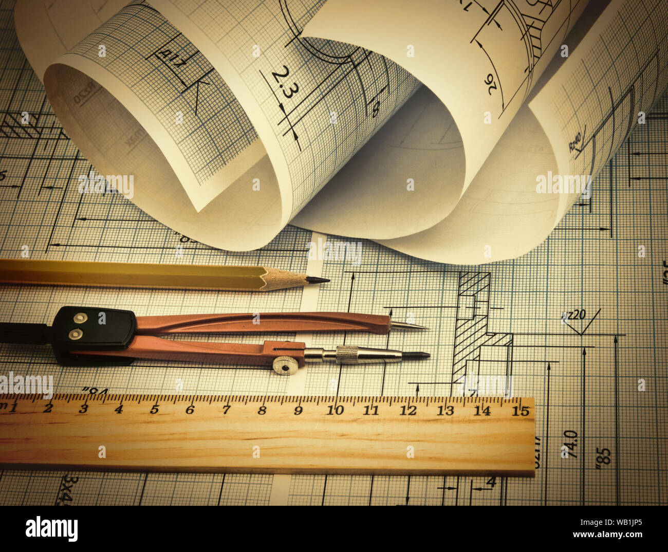 twisted technical drawing and tools Stock Photo - Alamy