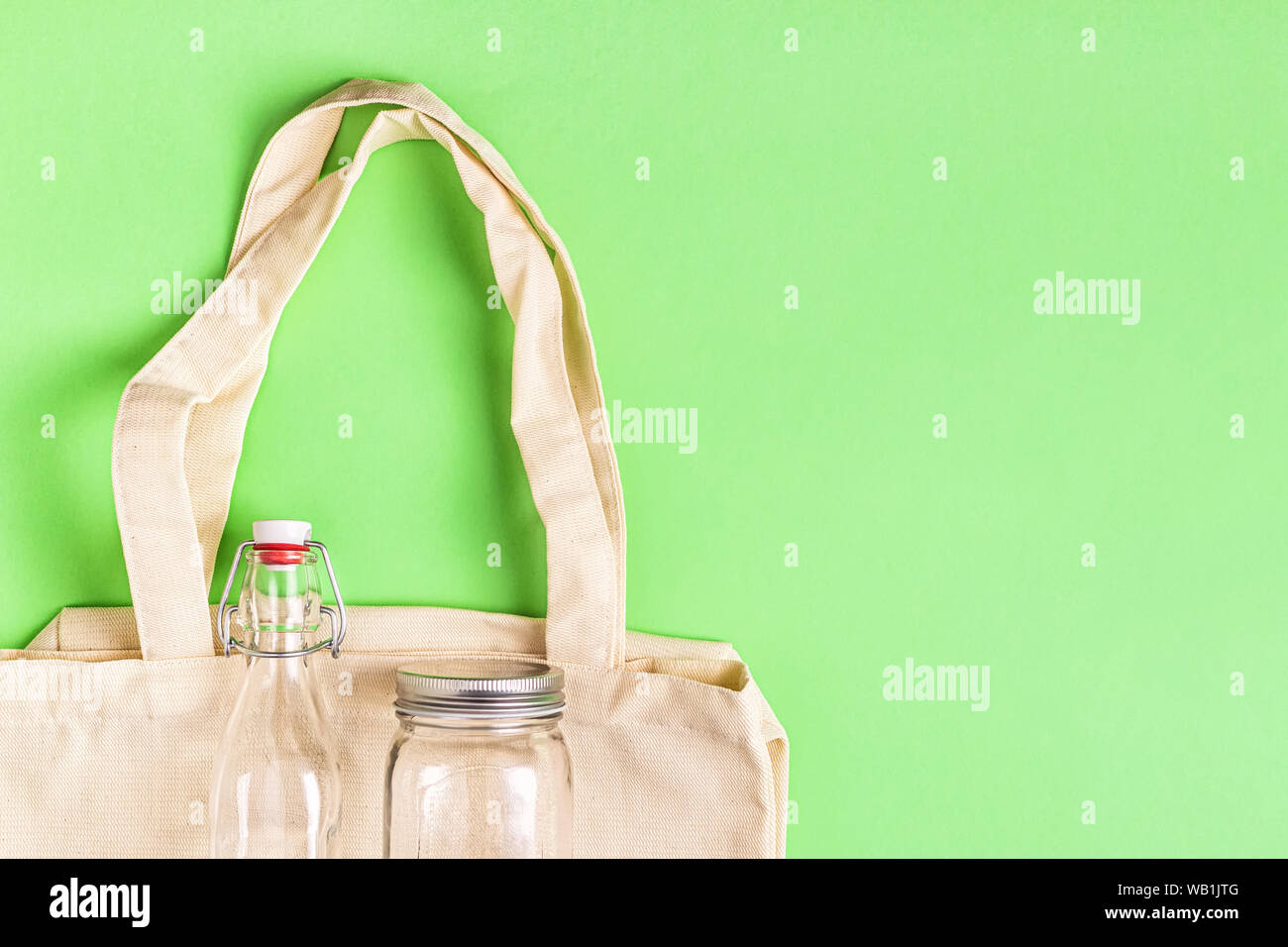 Cotton bags and glassware for free plastic shopping. Zero waste concept ...