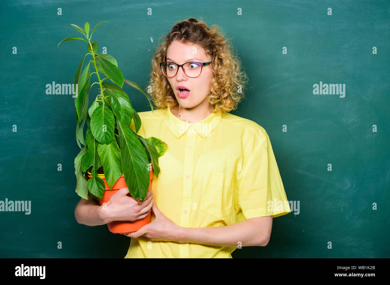 Botany and nerd concept. Woman school teacher chalkboard background ...
