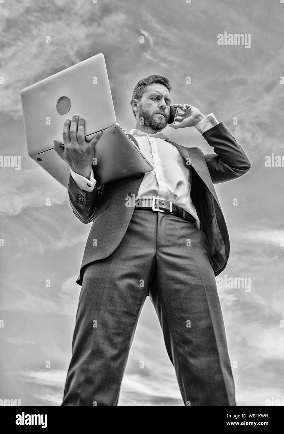 Always in touch. Communicating skill. Guy formal suit modern technology ...