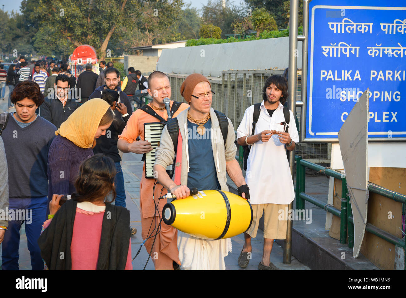 Iskcon temple devotees singing of hymns in praise of Lord krishna Stock ...