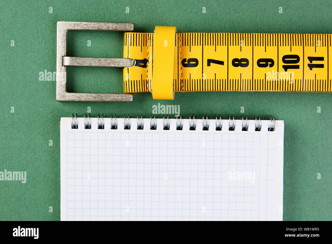 meter belt slimming and notepad on the green background Stock Photo - Alamy