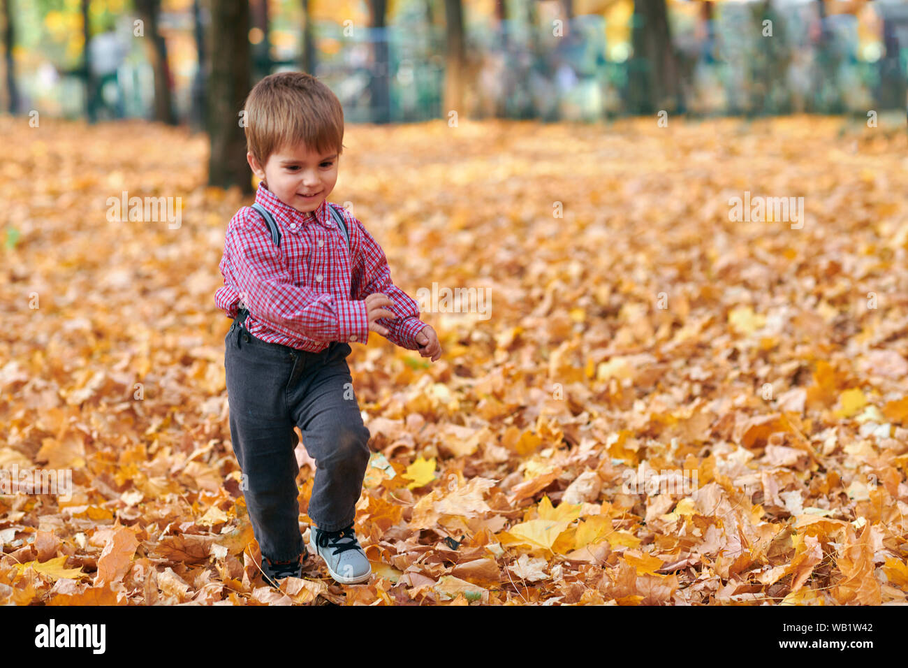 Happy child playing, posing, smiling and having fun in autumn city park ...