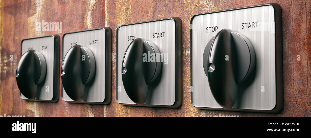 Start stop switch retro old round on grunge wall background, banner ...