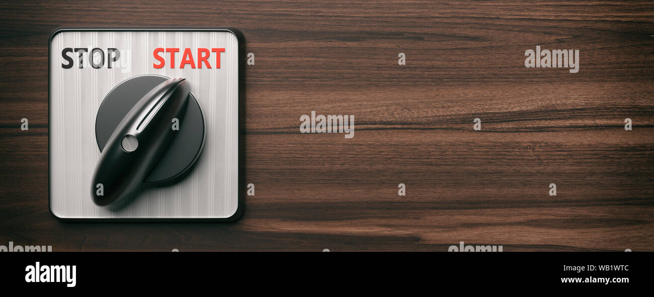 Start switch turning on retro old round on wood background, banner ...