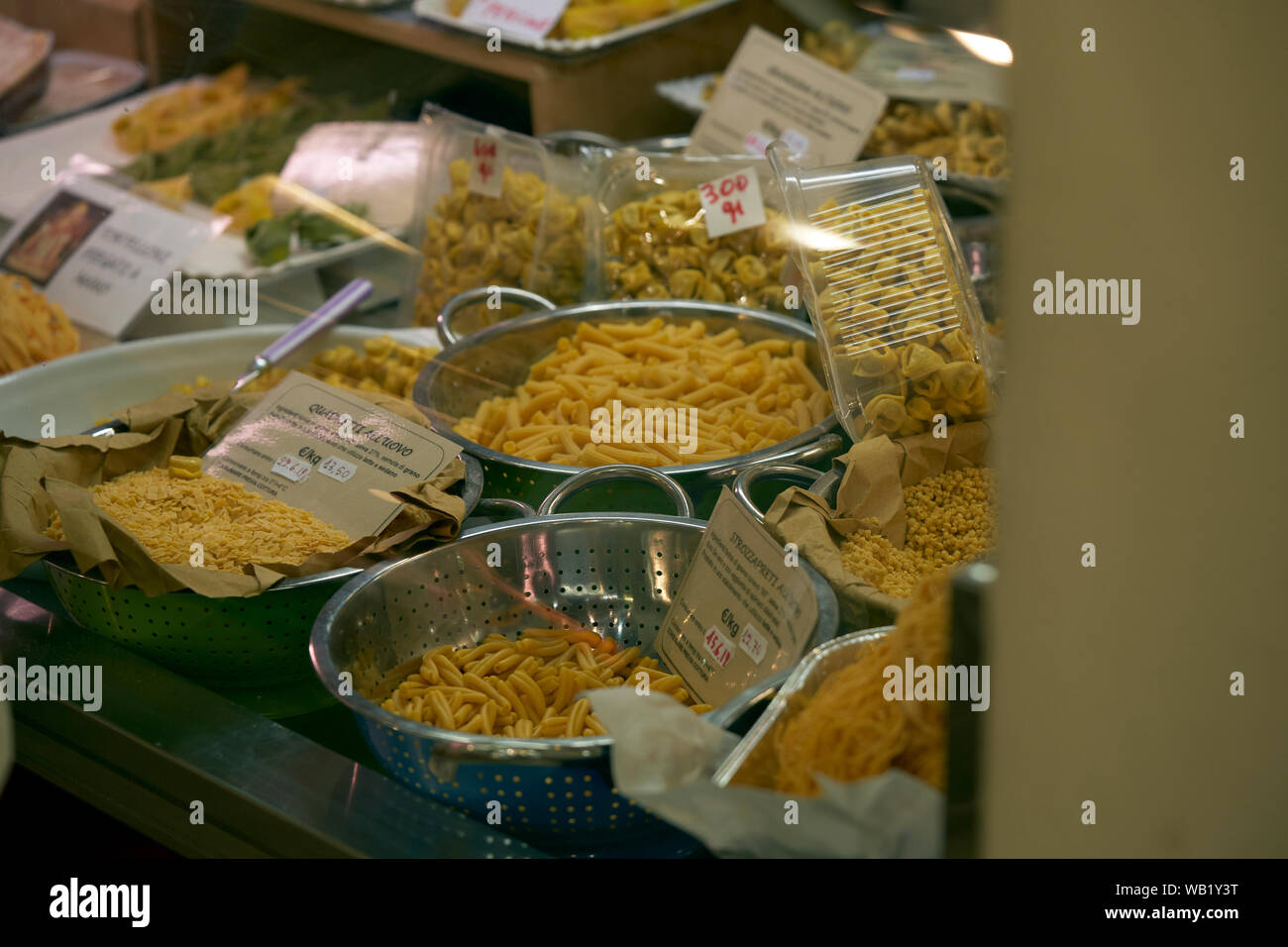 Different types of pasta on the sales counter Stock Photo - Alamy