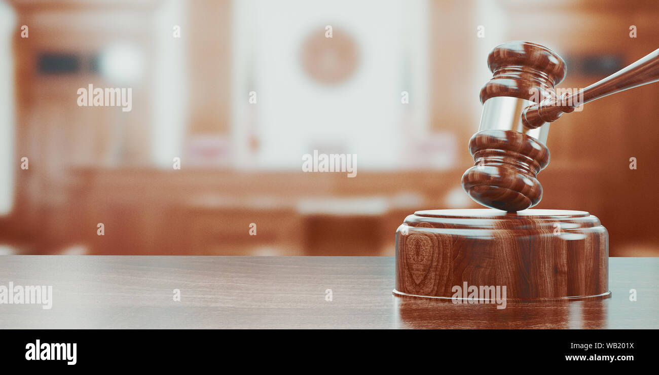 Wooden gavel on table close up. 3d rendering Stock Photo - Alamy
