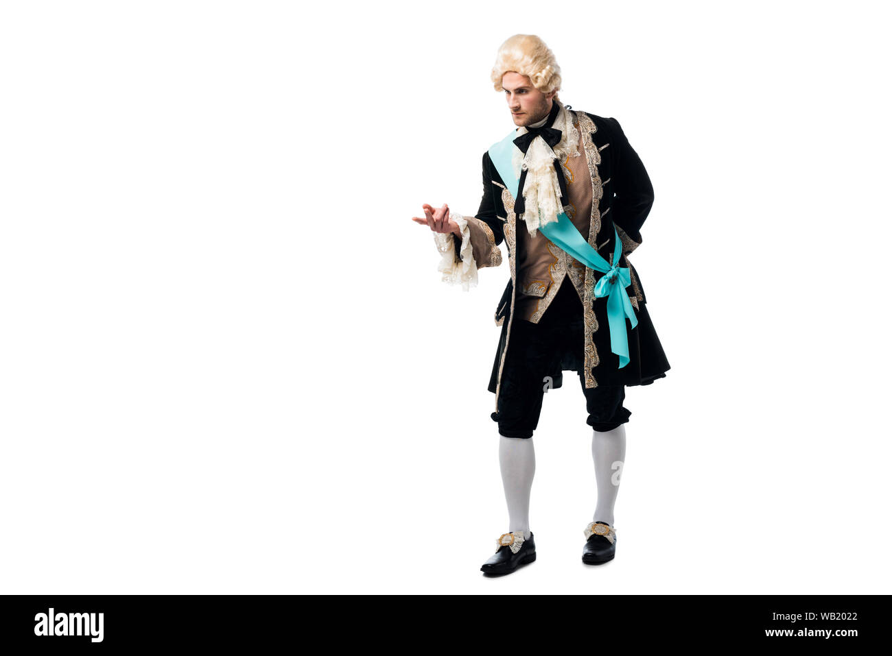 pompous victorian gentleman in wig standing and gesturing isolated on ...