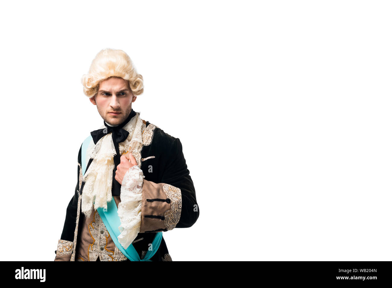 elegant victorian man in wig standing isolated on white Stock Photo - Alamy