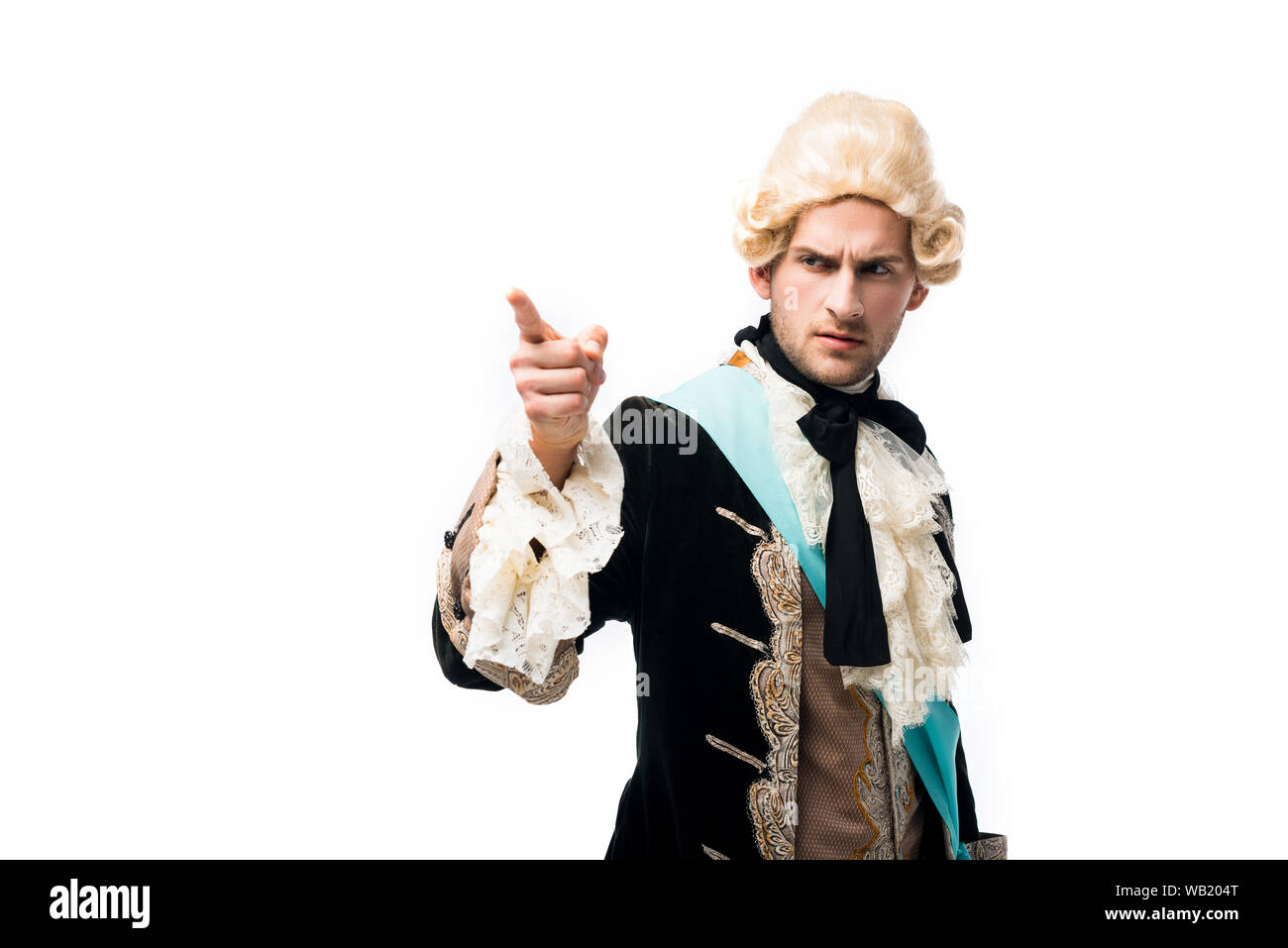 serious victorian man standing and pointing with finger isolated on ...