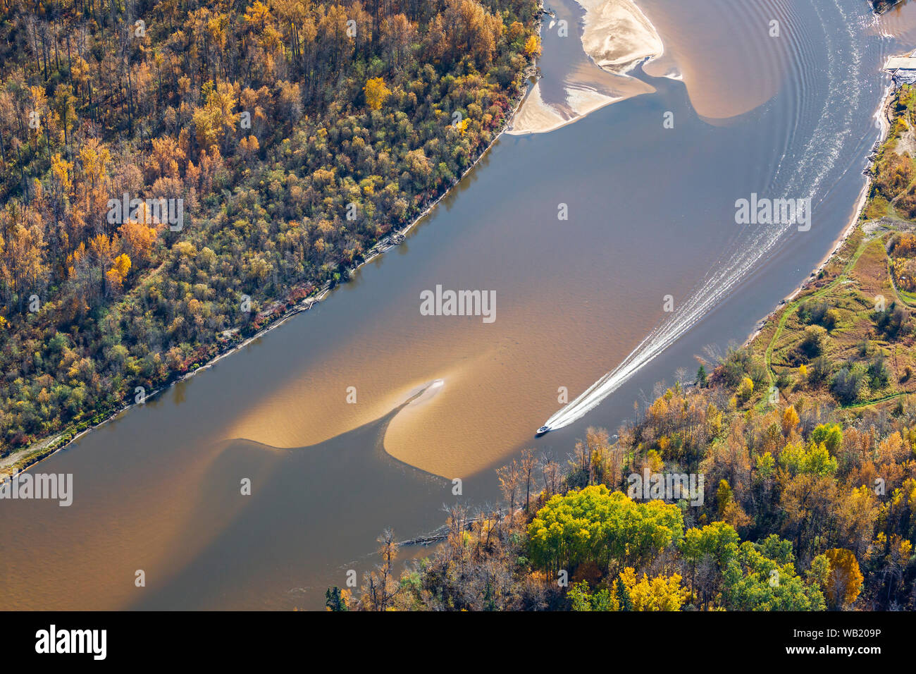 Small power boat on the Clearwater River at Fort McMurray, Alberta ...