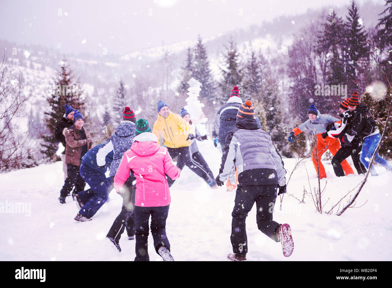 group of young happy business people having fun while enjoying snowy ...