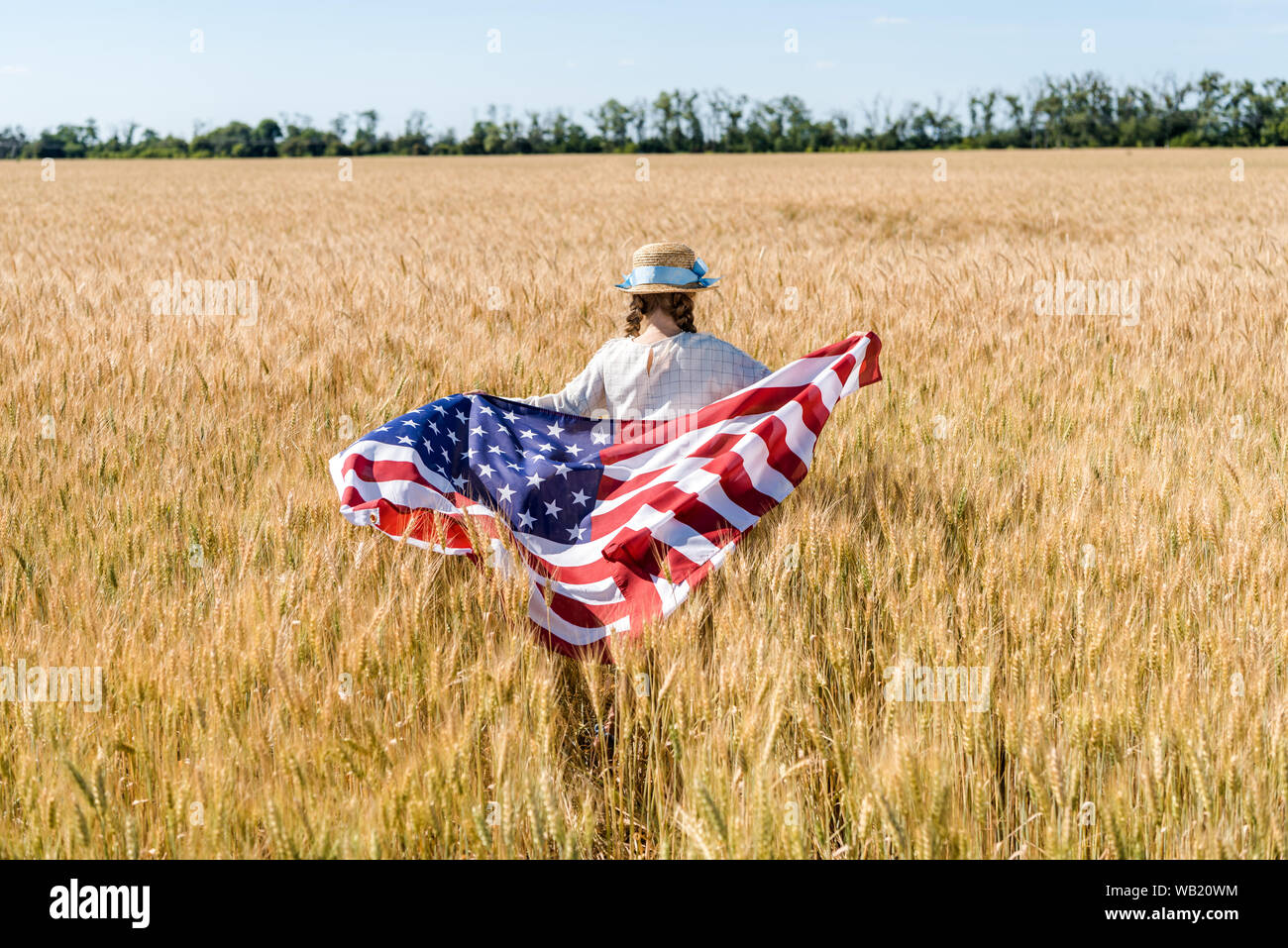 back view of kid holding american flag with stars and stripes in golden ...