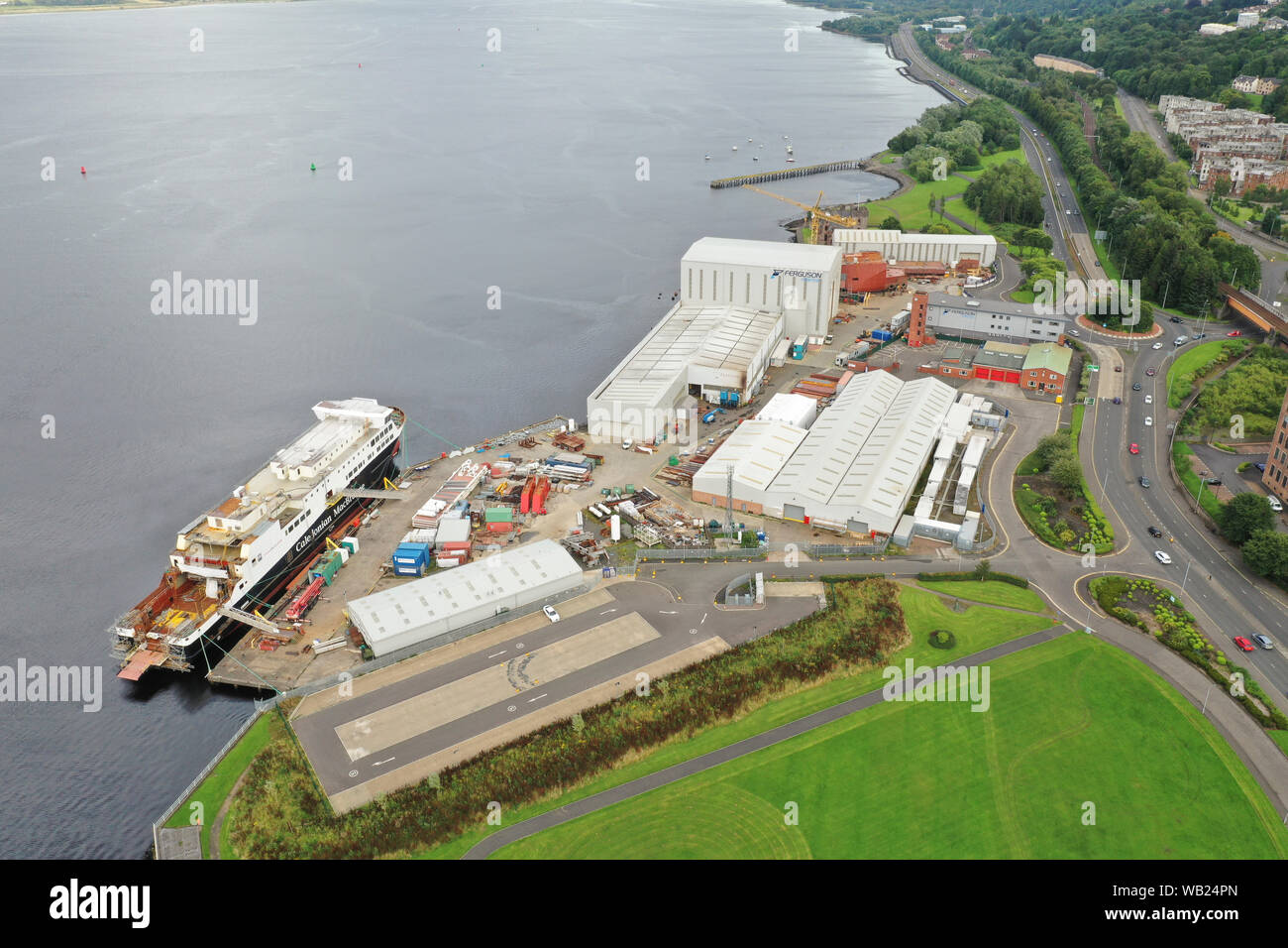 Aerial drone view of Ferguson Marine nationalised shipbuilders on the ...