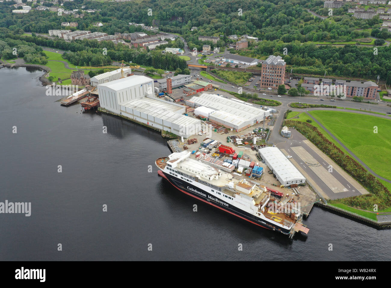 Aerial drone view of Ferguson Marine nationalised shipbuilders on the ...