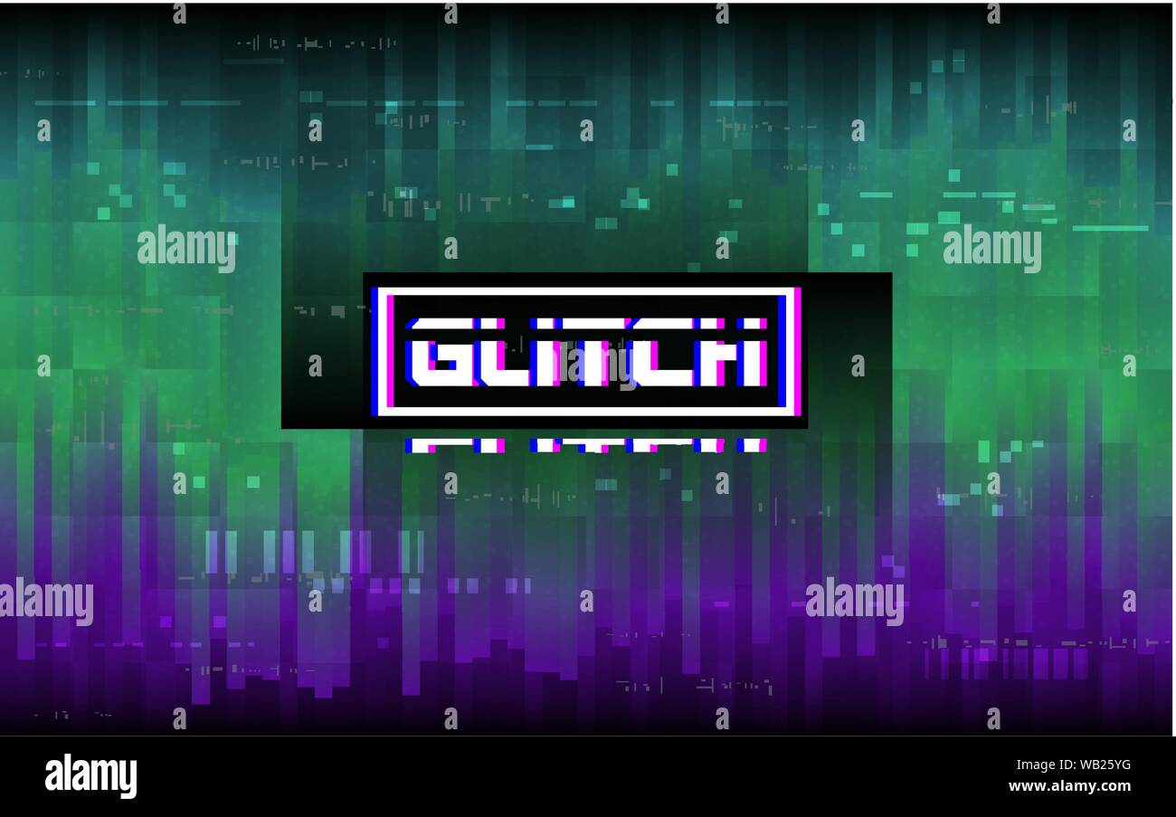 Glitch concept. Purple and green distortion with stereo effect text ...