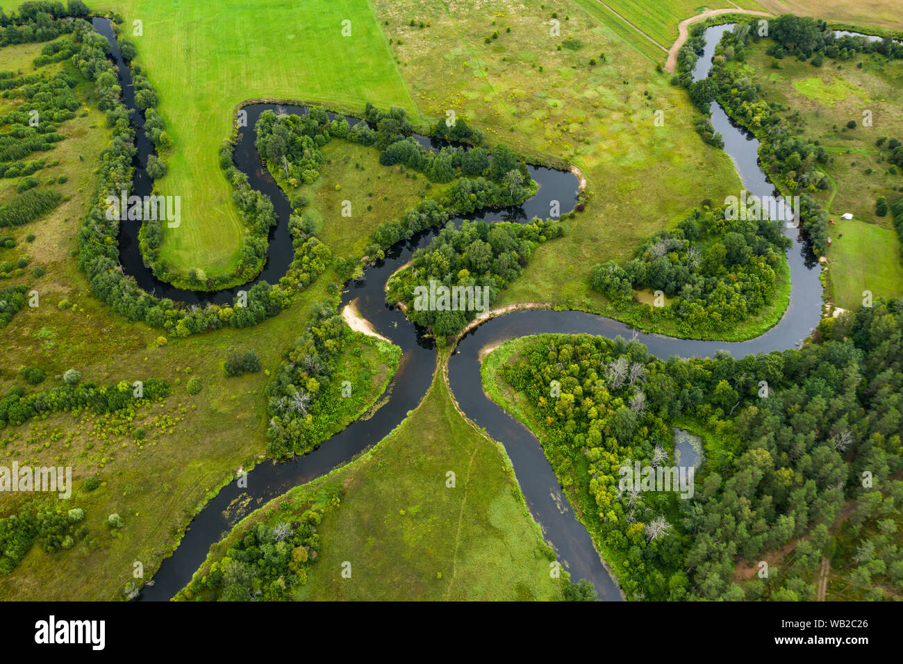 Top view of the beautiful landscape. Green field. Meandering river ...
