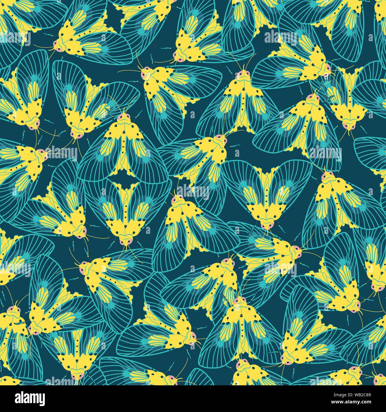 Vector blue and yellow moths with detailed wings outlines repeat ...