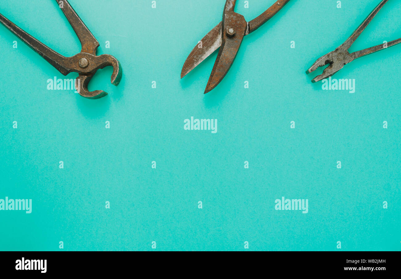 Old rustic tools placed on electric green background. Flat layout Stock ...