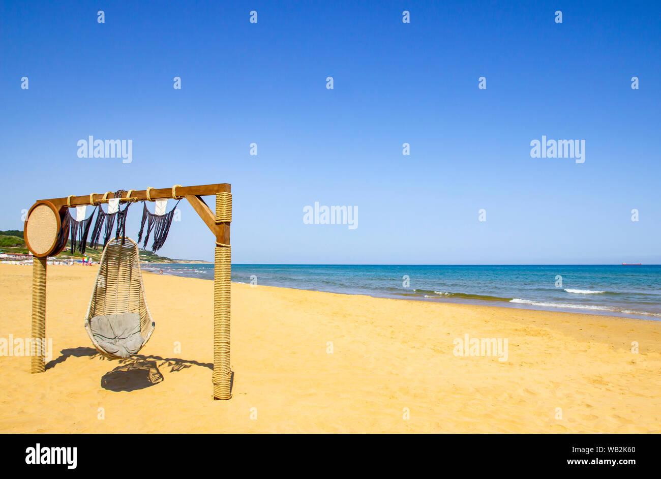 Gold yellow beach and clean blue sky, summer vacation concept photo. It ...