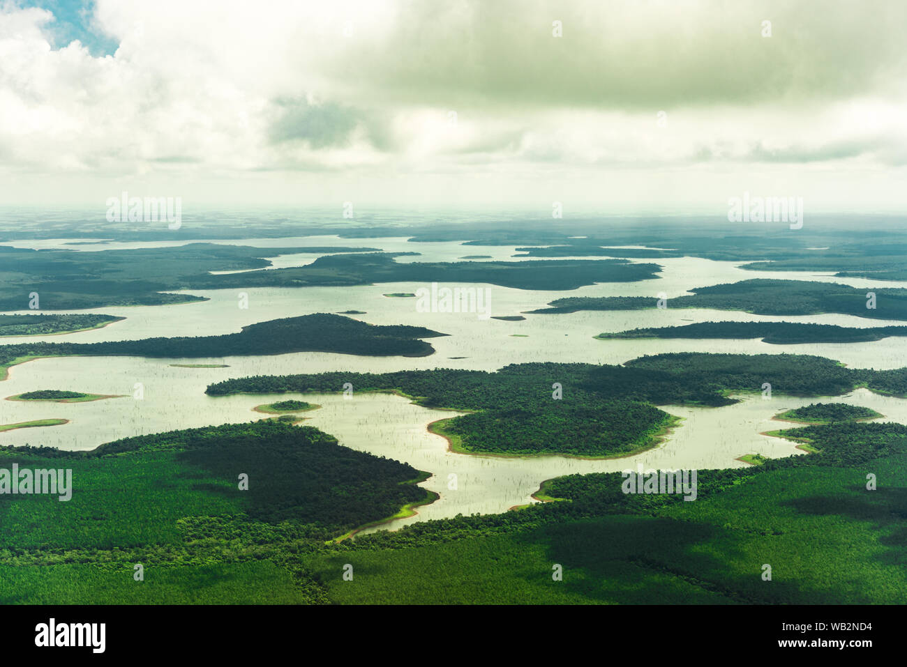 Landscape aerial view of colorful Amazon rivers, forest, jungle, and ...