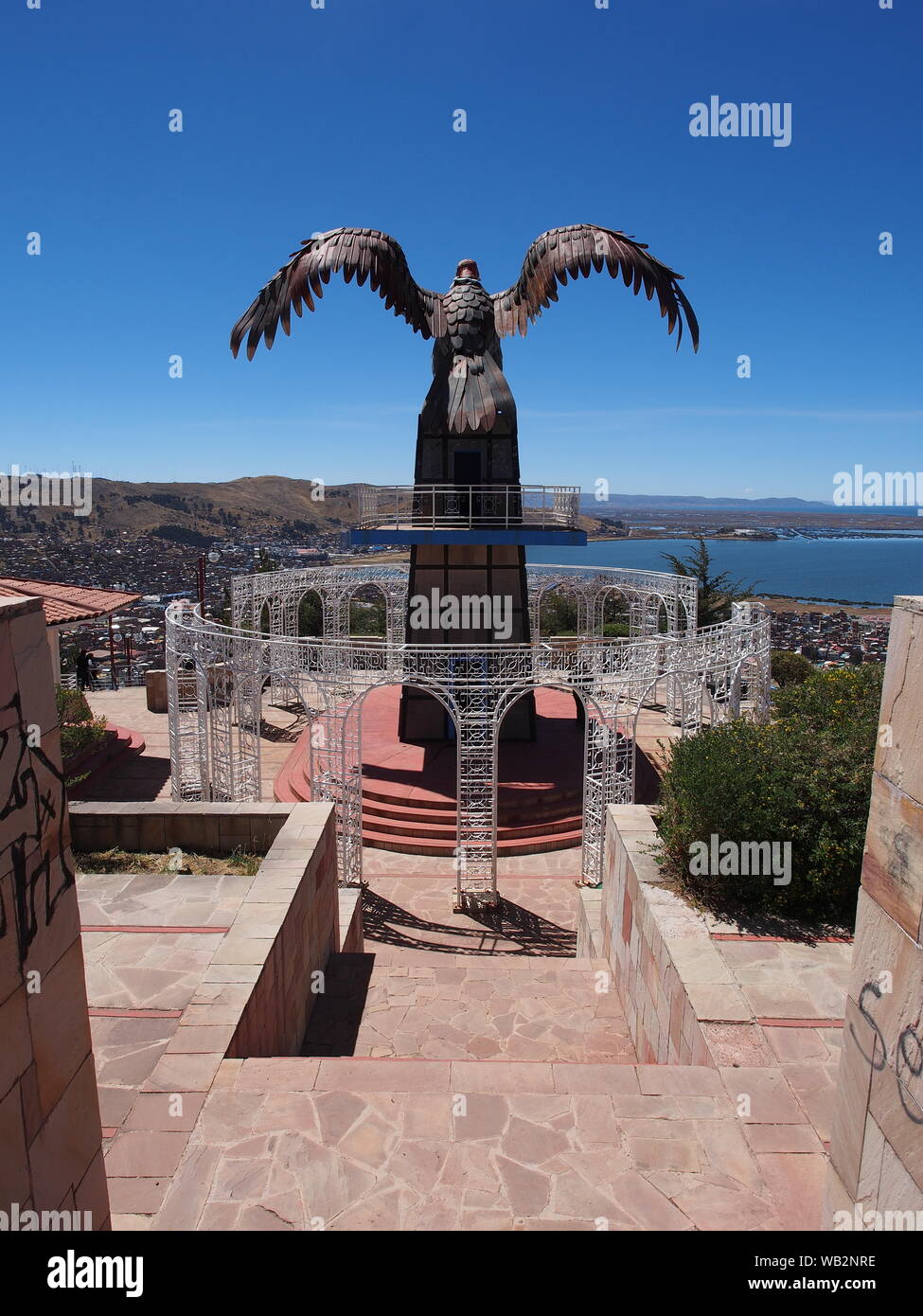 Sculpture detail of a giant condor in a viewpoint over the city of Puno ...