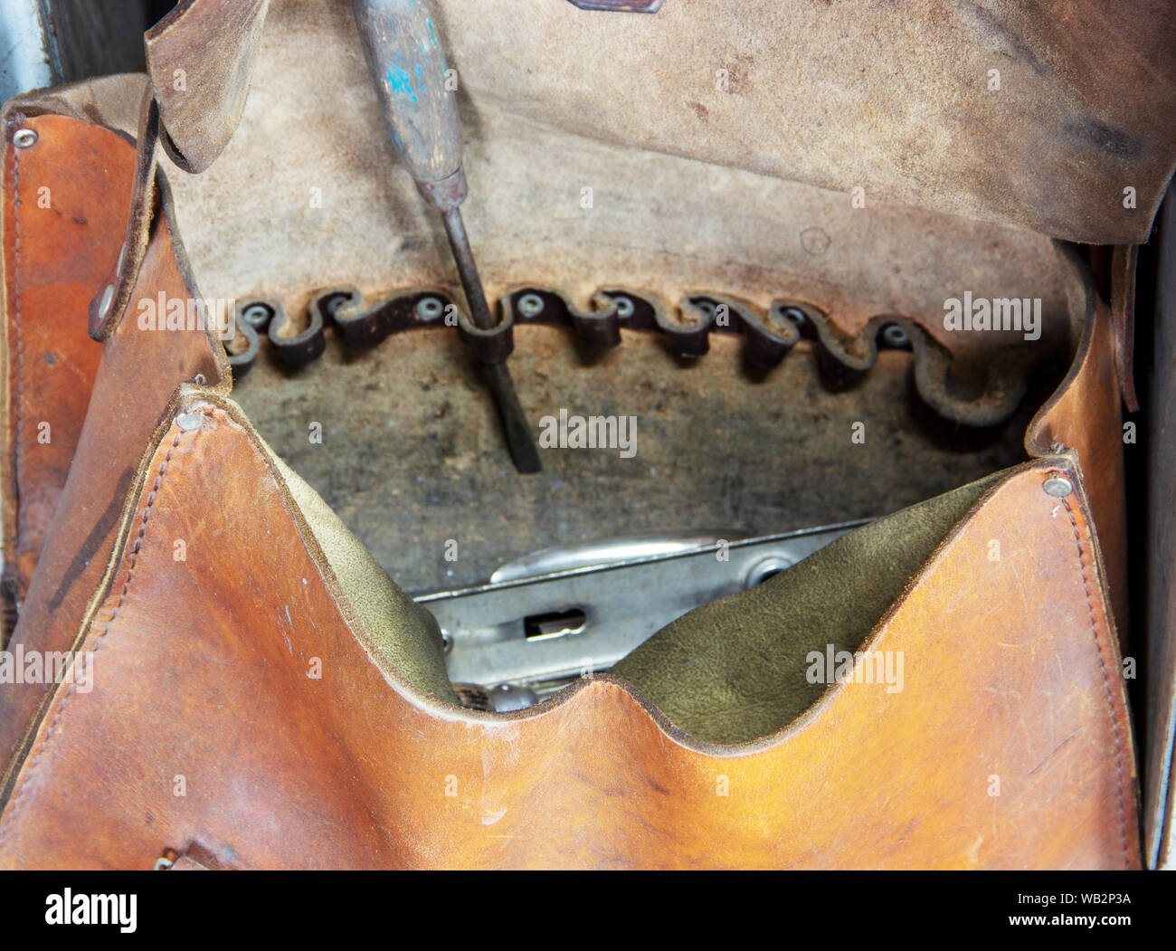 old brown leather tool bag in the change of time Stock Photo - Alamy