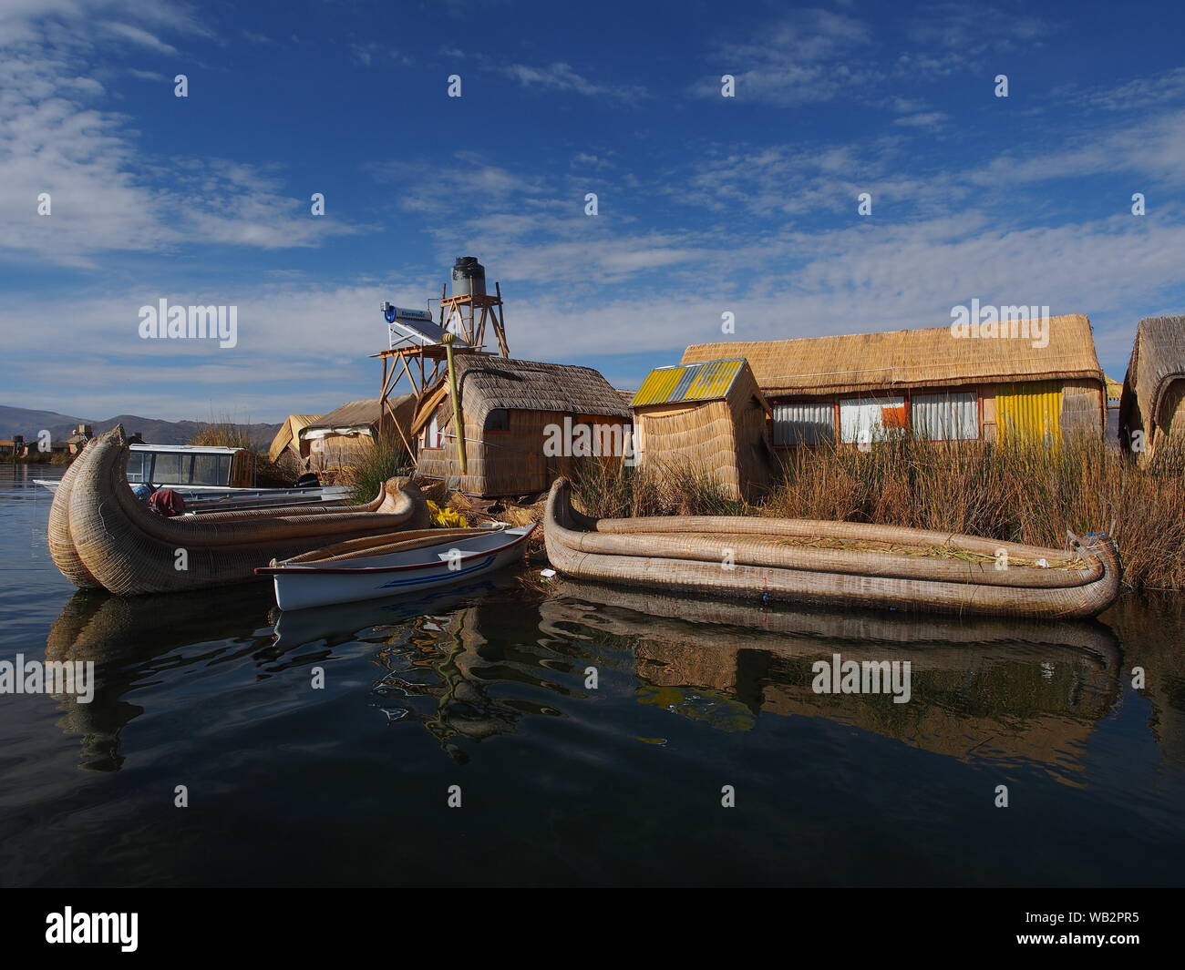 A typical Uro totora balse at Titicaca Lake. The Uru or Uros are an ...