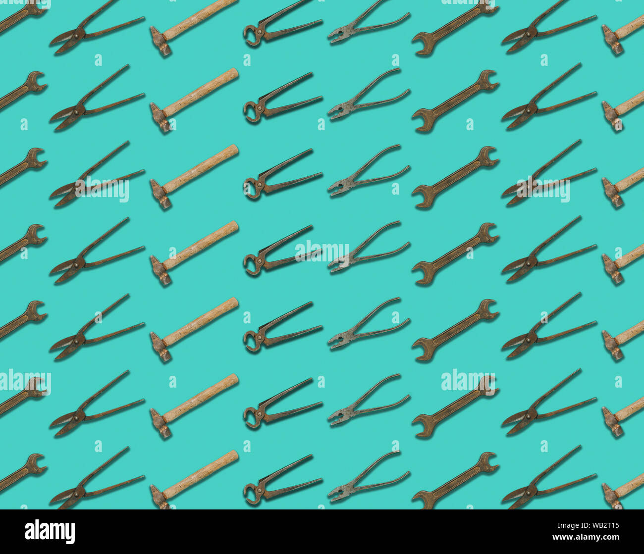Seamless pattern of old retro random tools isolated on electric green ...