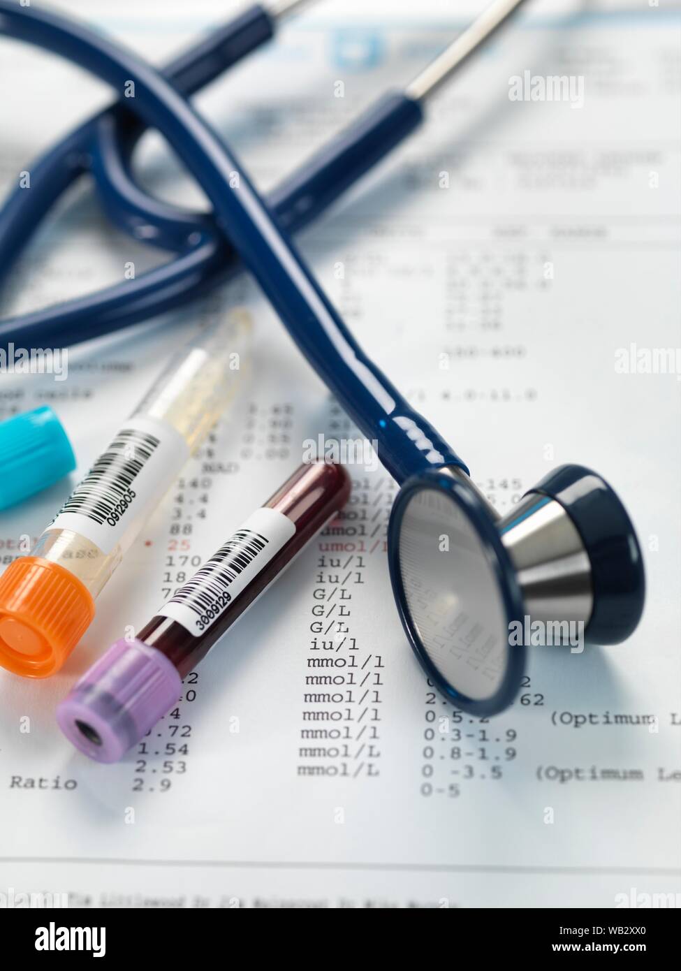 Clinical samples alongside test results and a stethoscope Stock Photo ...