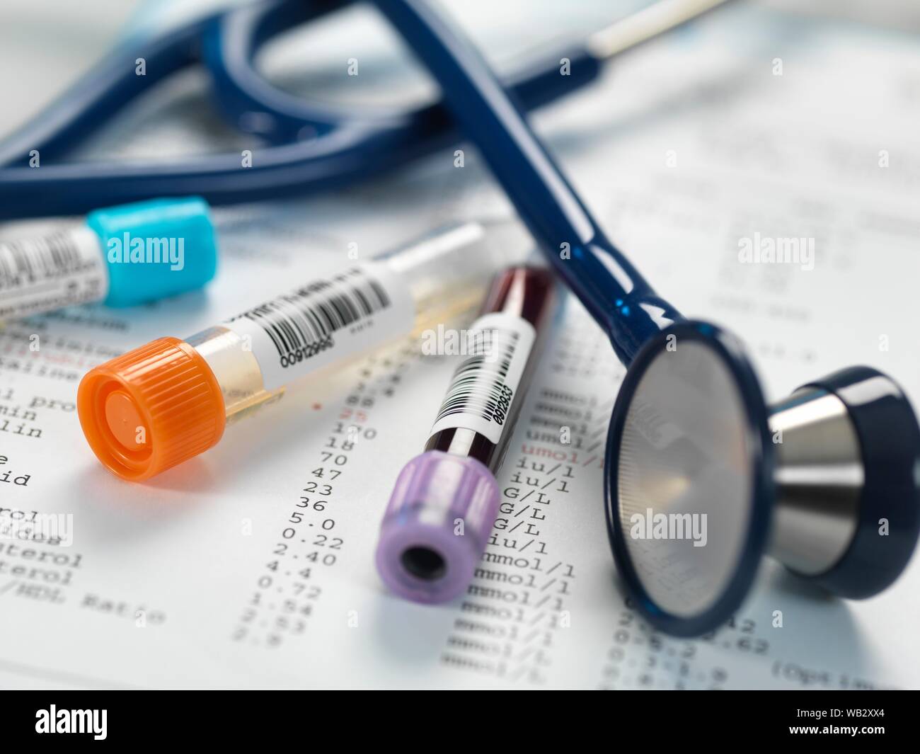 Clinical samples alongside test results and a stethoscope Stock Photo ...