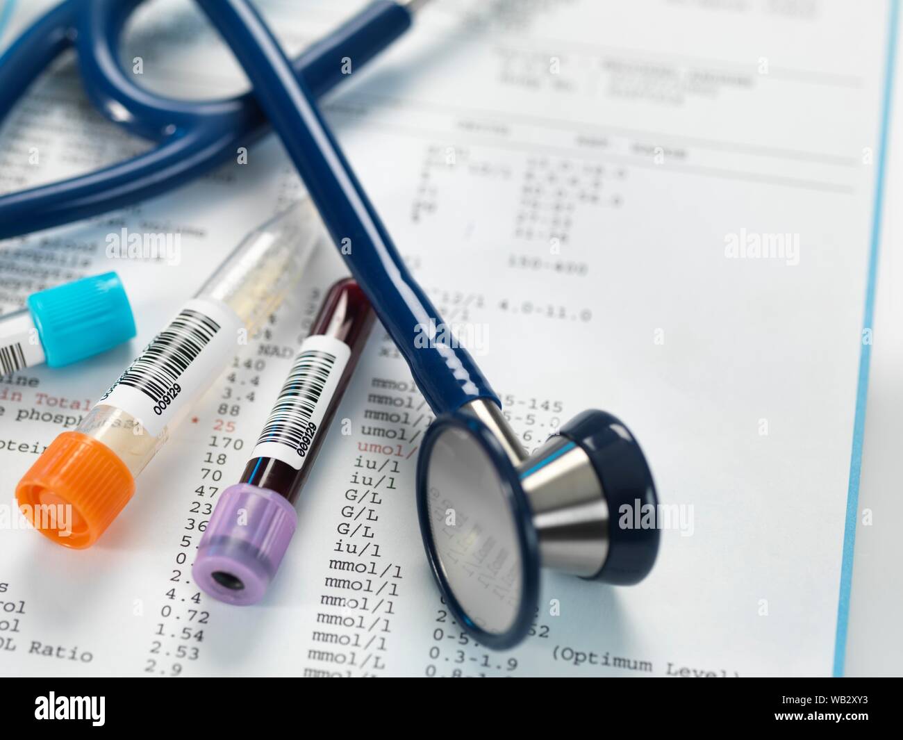 Clinical samples alongside test results and a stethoscope Stock Photo ...