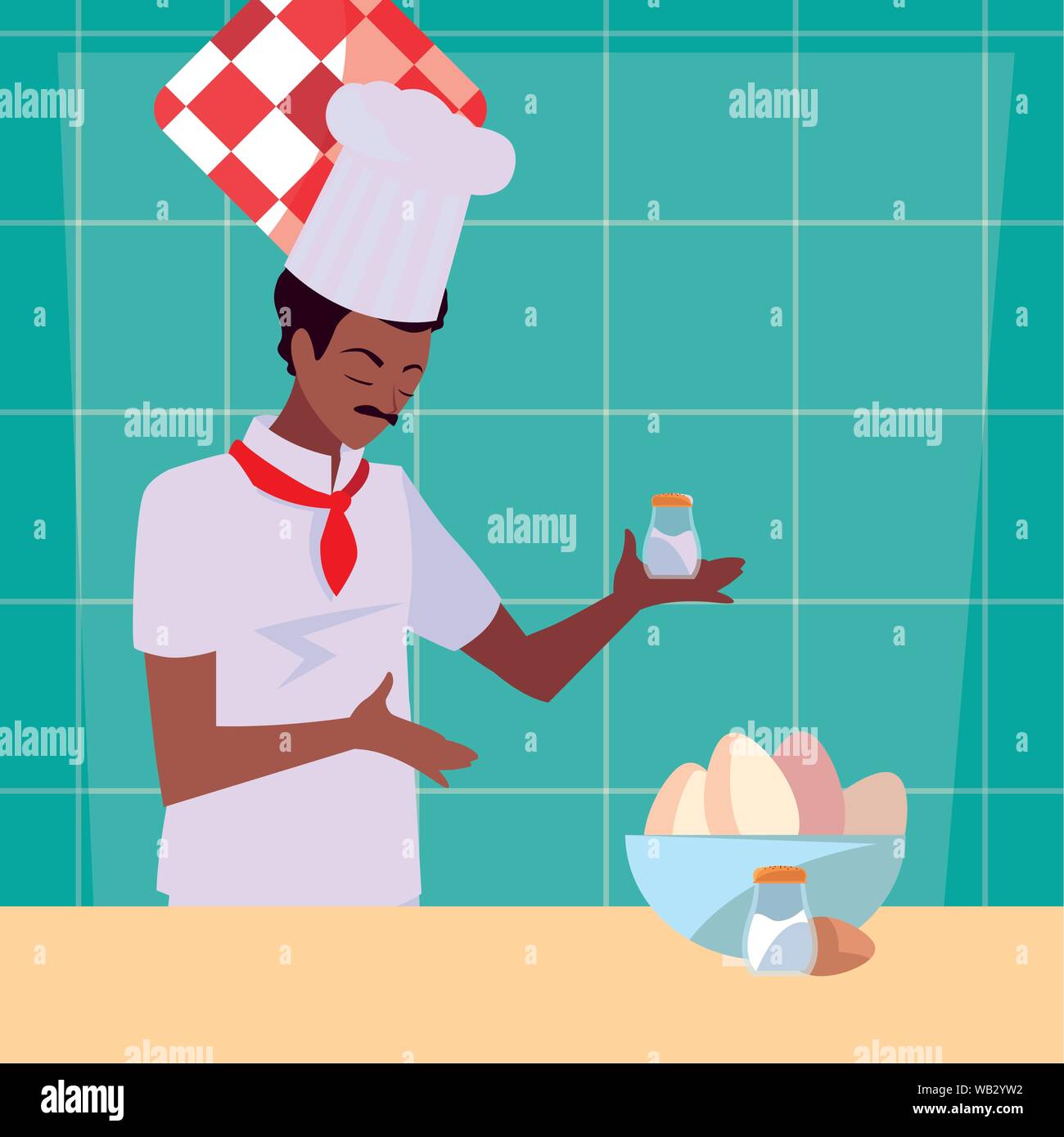 man chef salt eggs preparation cooking vector illustration Stock Vector ...