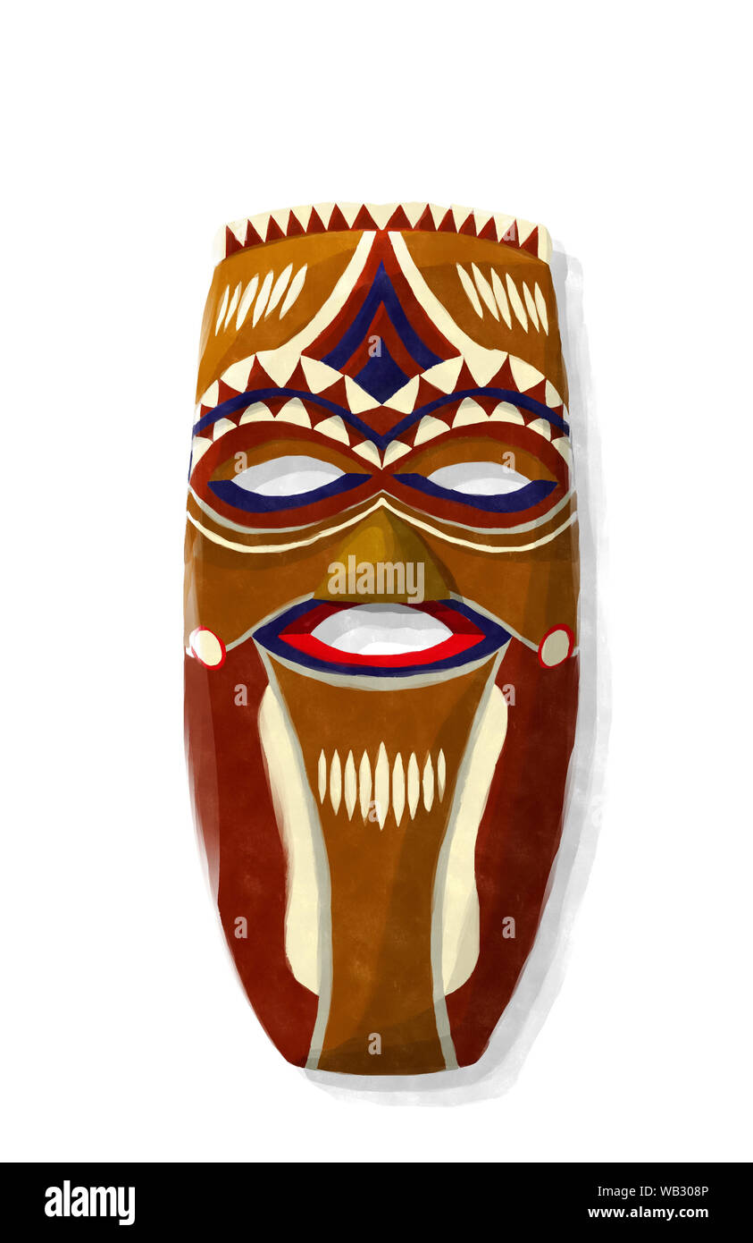 Watercolor style drawing of a African tribal mask over white background ...