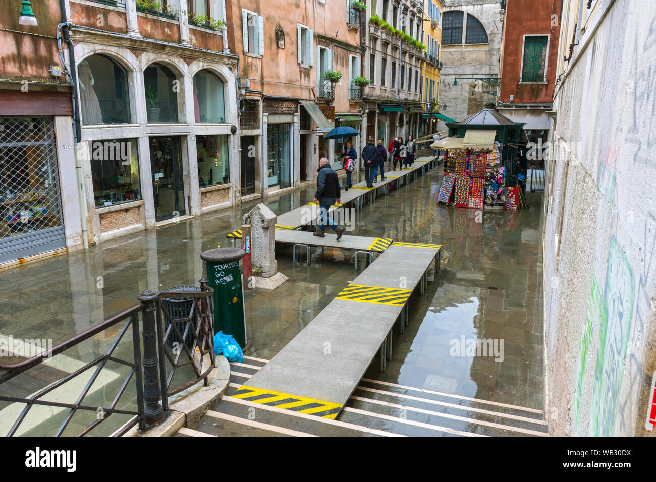 Venice Flood Walk Platform Tourists Wade Through Water In St. Mark's