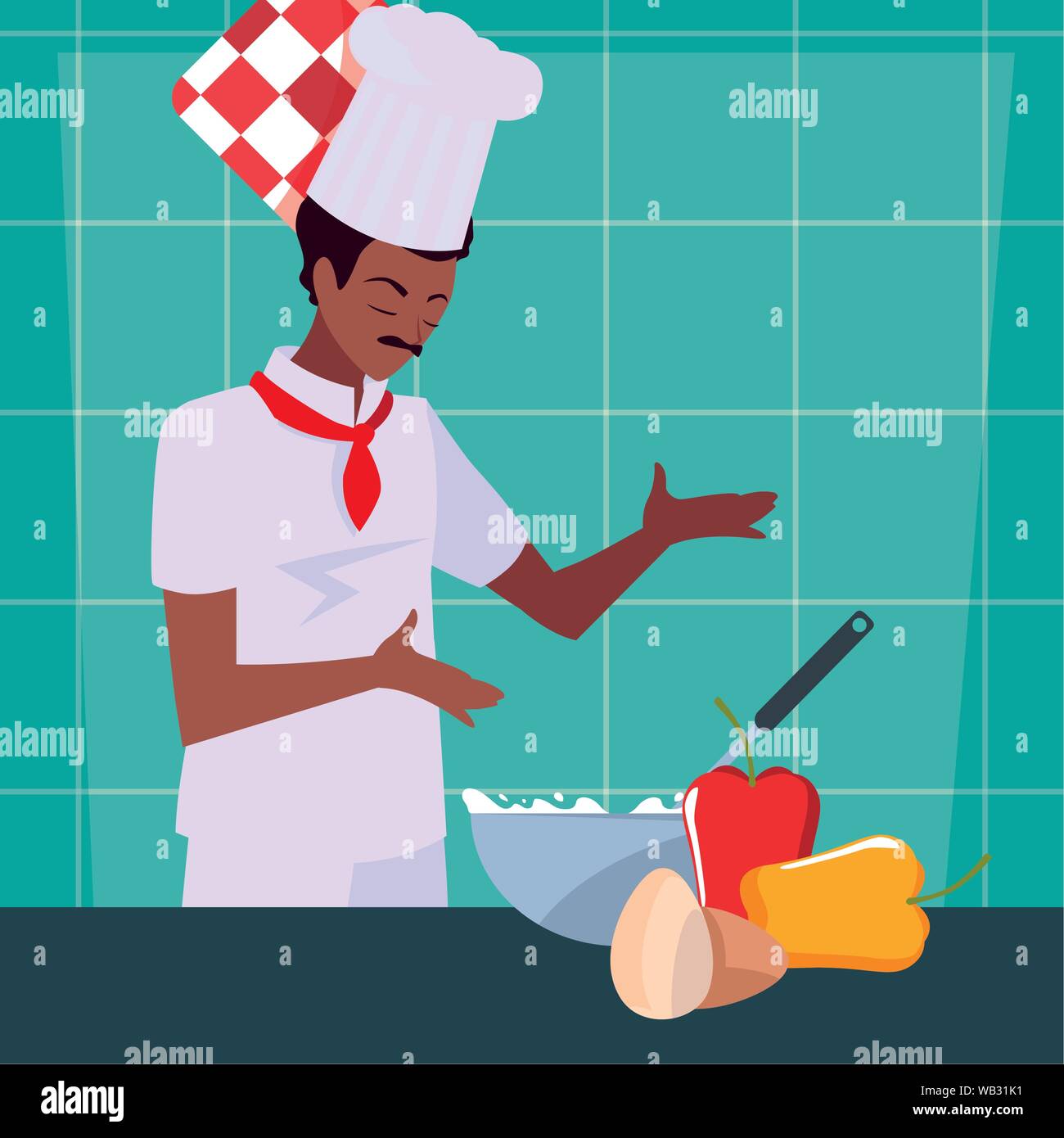 man chef flour eggs pepper preparation cooking vector illustration ...