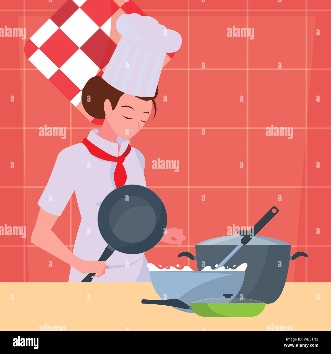 woman chef food pot bowl pan preparation cooking vector illustration ...