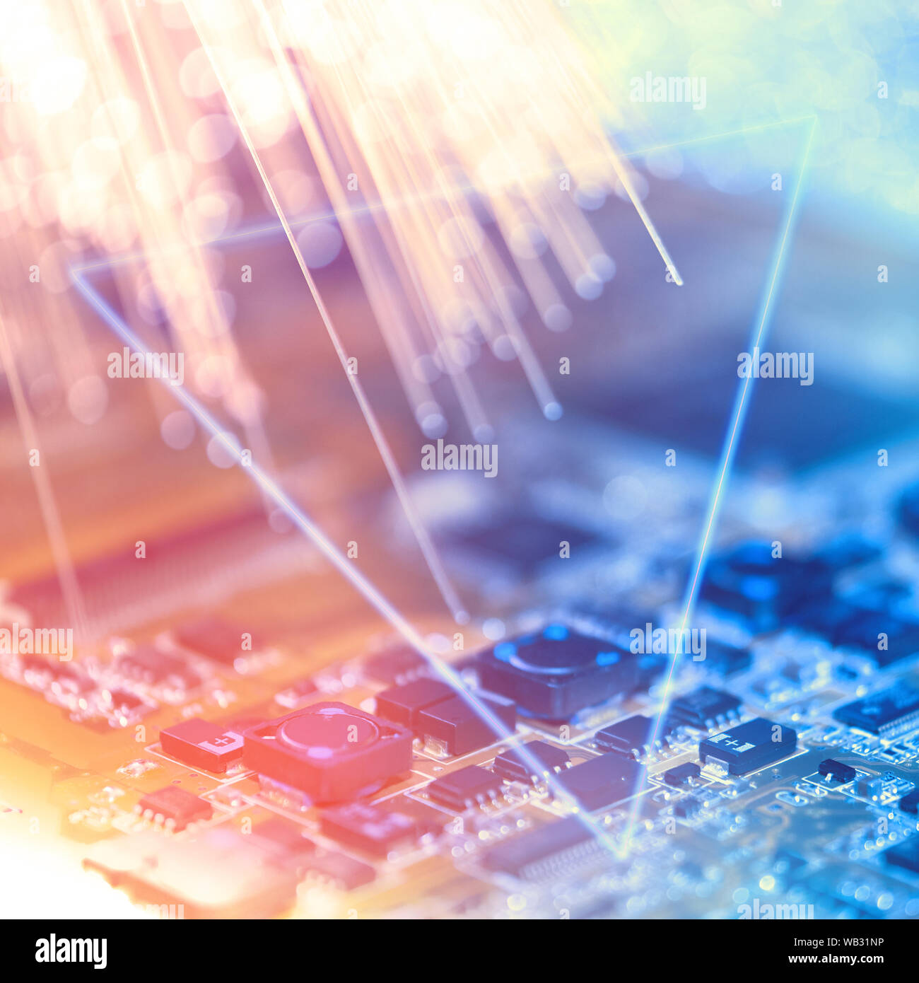 Closeup on electronic board and neon electric lights, blurred and toned ...