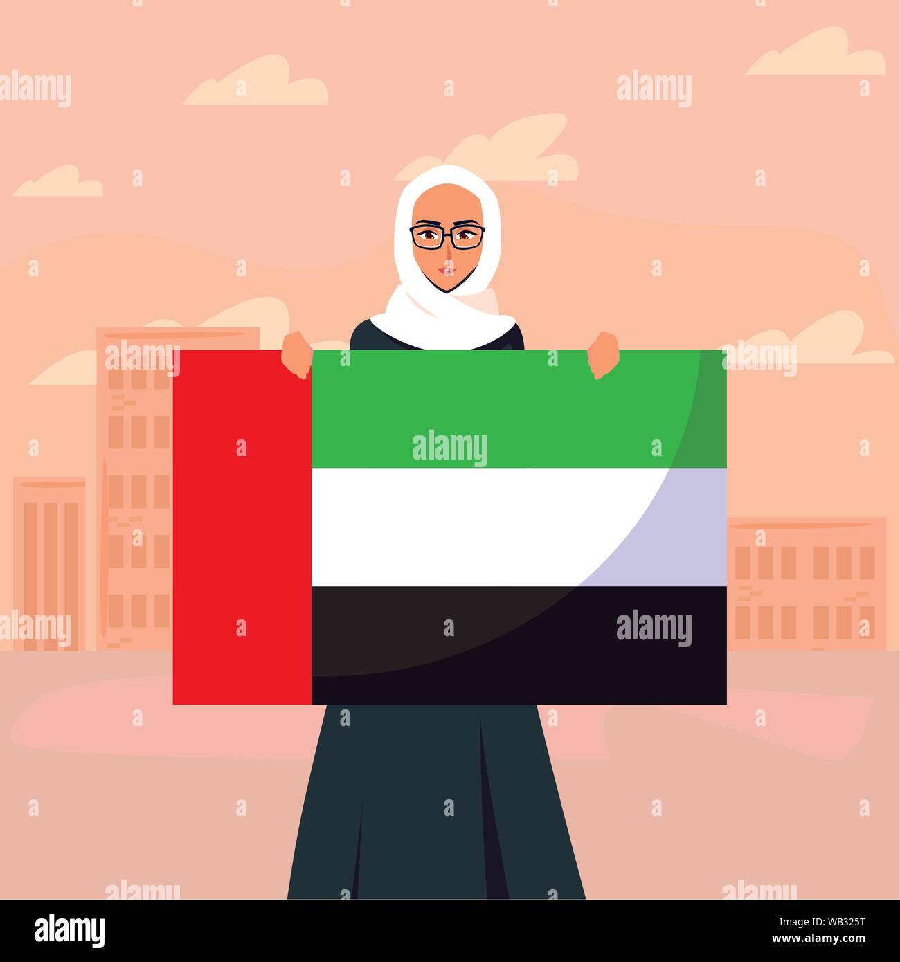 united arab emirates national day - arab woman with flag city street ...