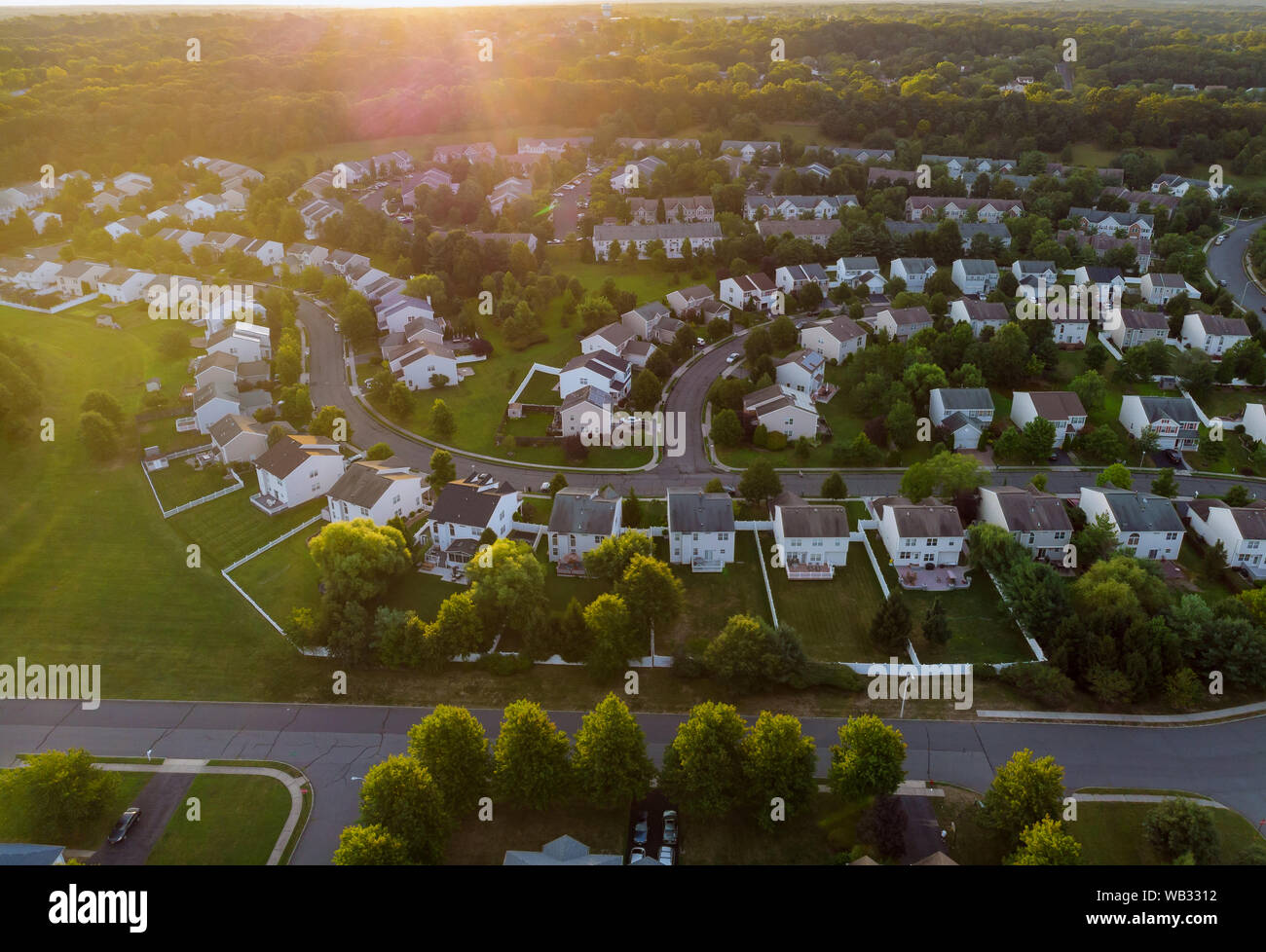 Aerial view of residential quarters at early sunrise beautiful town ...