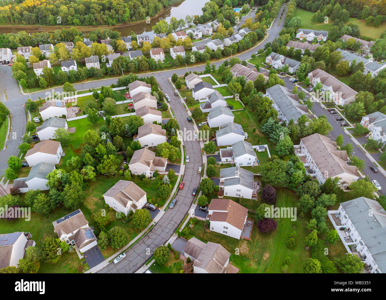 Aerial view over suburban homes and roads aerial view of residential ...