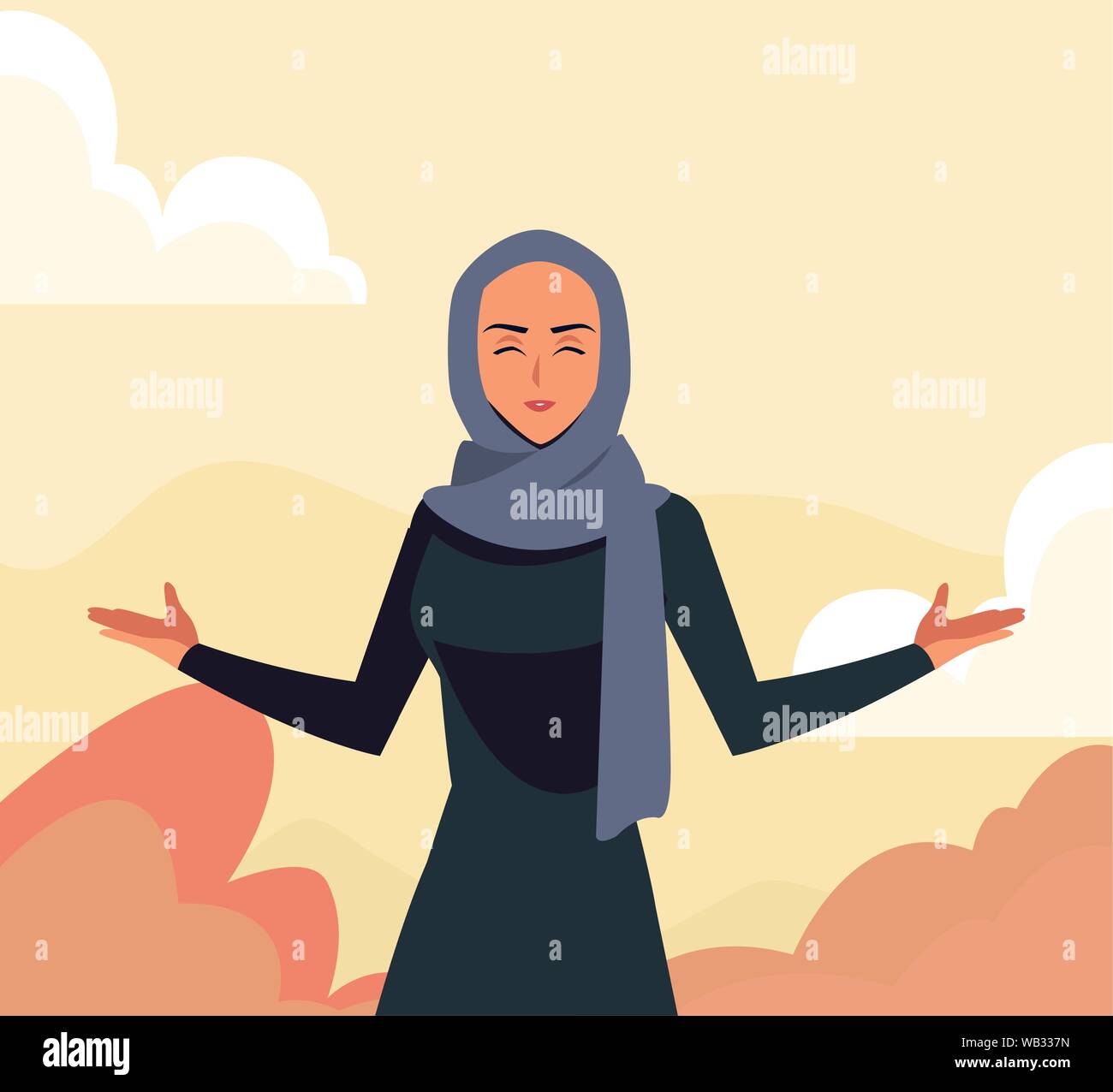 arab women with united arab emirates flag sky background vector ...