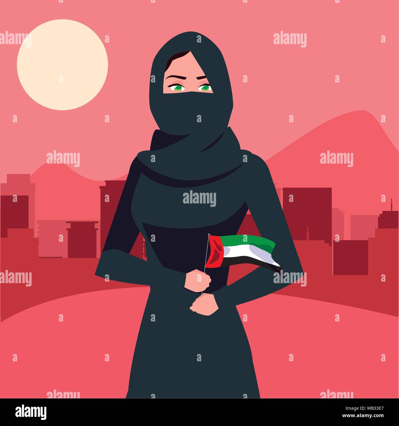 arab women with united arab emirates flag city street background vector ...