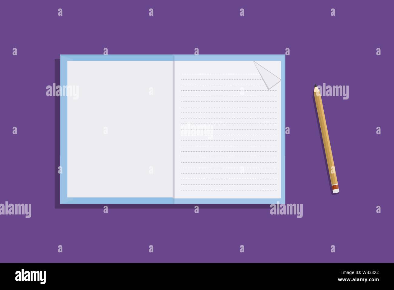 Blue diary with pencil flat styles on purple background, vector ...