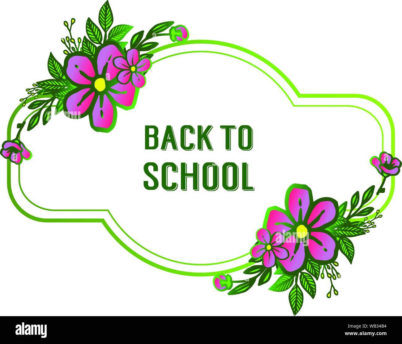 Template text back to school, with drawing of green leaf flower frame ...